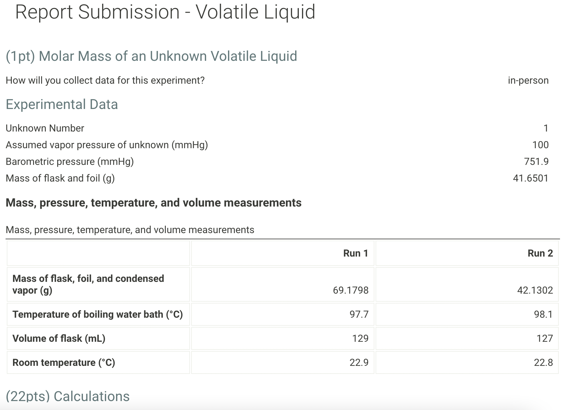 Solved Report Submission - ﻿Volatile Liquid(1pt) ﻿Molar Mass | Chegg.com