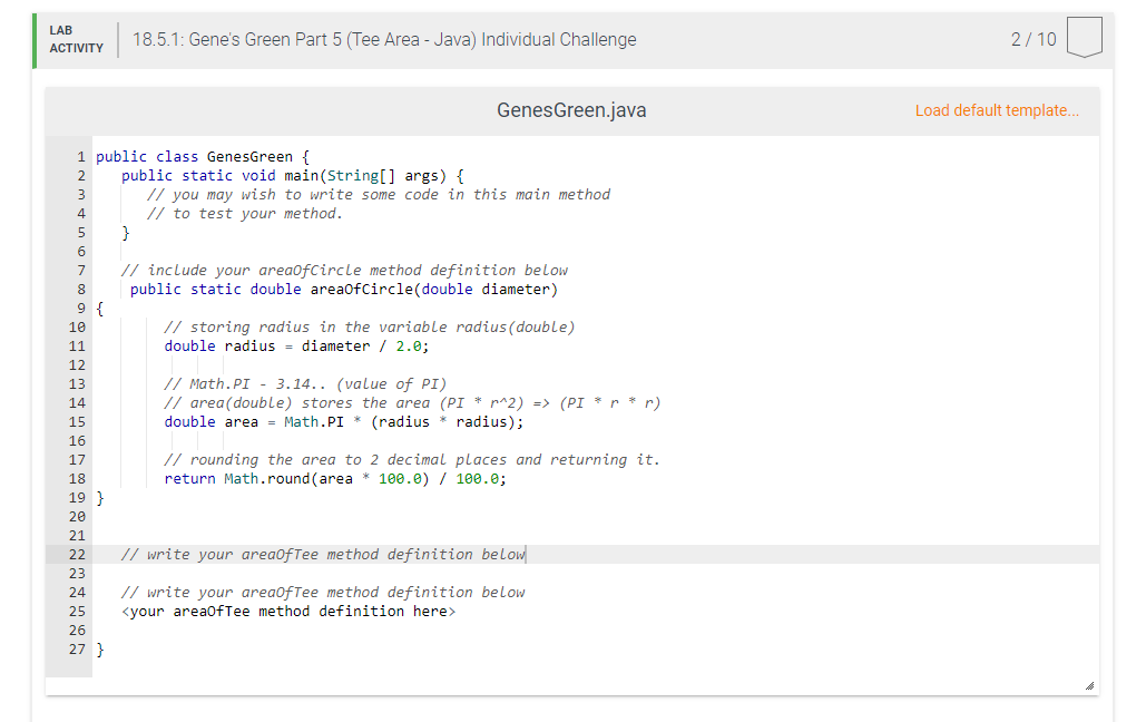 Solved 18.5.1: Gene's Green Part 5 (Tee Area - Java) | Chegg.com