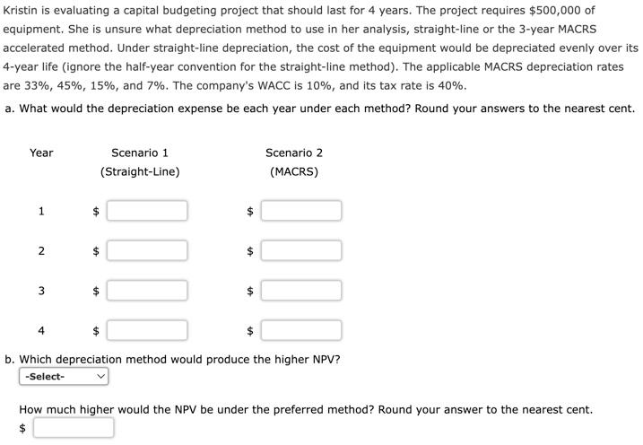 Solved Kristin is evaluating a capital budgeting project | Chegg.com