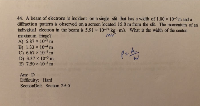 Solved 44. A beam of electrons is incident on a single slit | Chegg.com