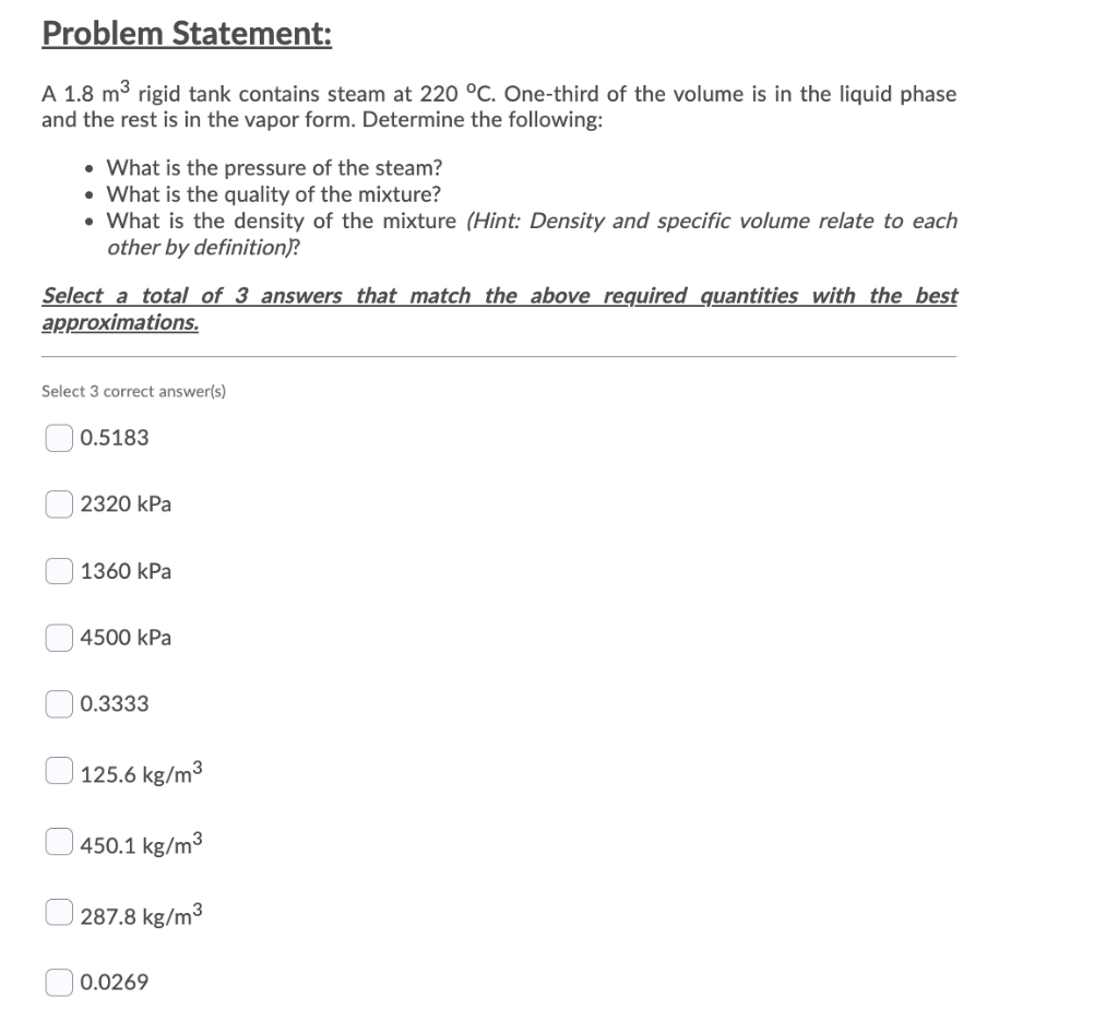 Solved Problem Statement: A 1.8 m3 rigid tank contains steam | Chegg.com