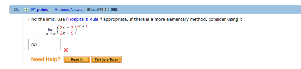 Solved 20. 0/1 points | Previous Answers SCalcET8 4.4.068 | Chegg.com