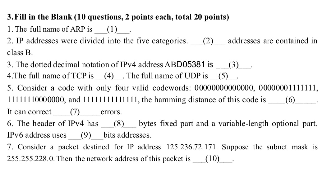 Solved 3.Fill in the Blank (10 questions, 2 points each, | Chegg.com