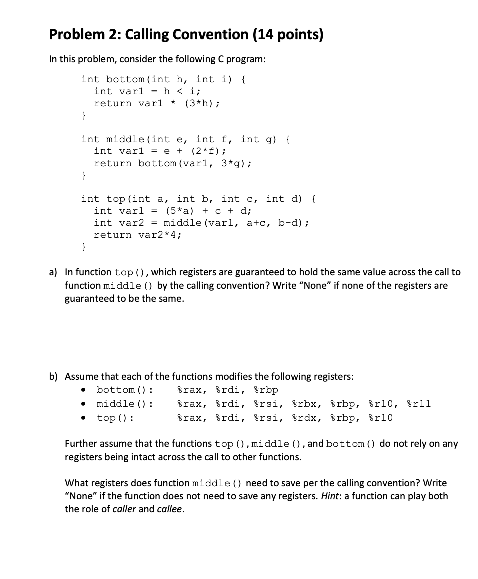 Problem 2: Calling Convention (14 points) In this | Chegg.com