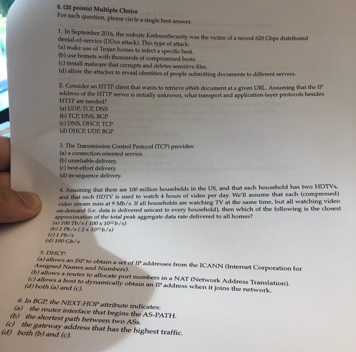 Solved 8.(20 points) Multiple Choice For each question, | Chegg.com