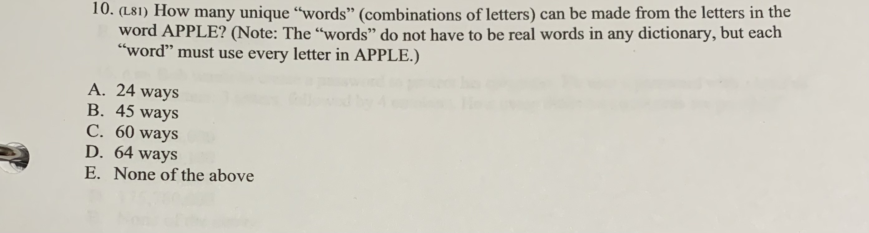 Solved 10. (L81) How many unique "words" (combinations of | Chegg.com