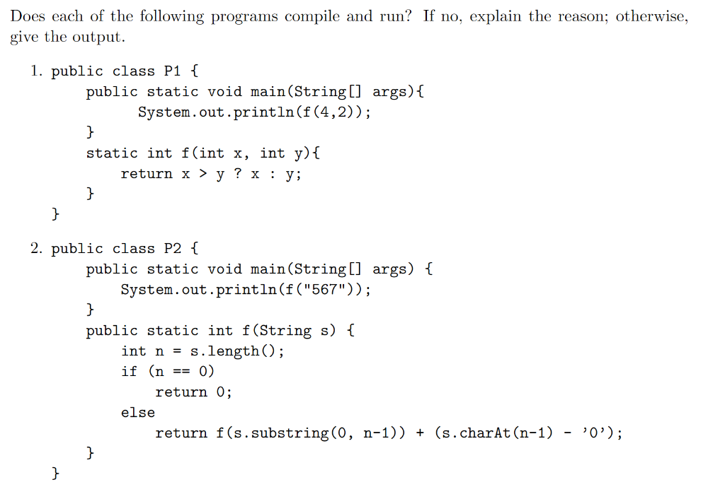 Solved Does each of the following programs compile and run? | Chegg.com