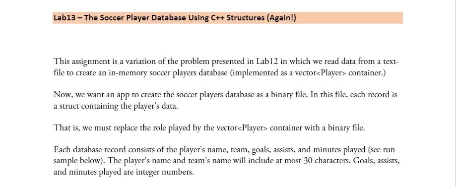 Solved Lab13 - The Soccer Player Database Using C++ | Chegg.com