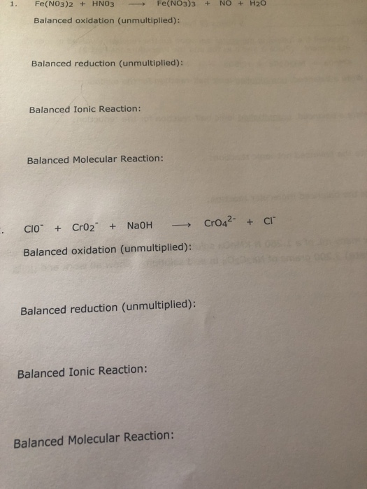 Solved 1. Fe(NO3)2 + HNO3 Fe(NO3)3+ NO+ H20 Balanced | Chegg.com