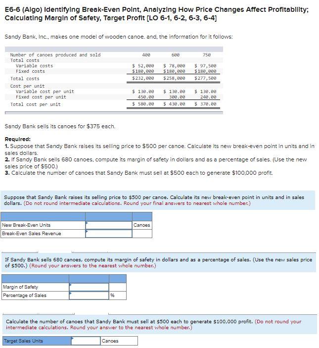Solved E6-6 (Algo) Identifying Break-Even Point, Analyzing | Chegg.com