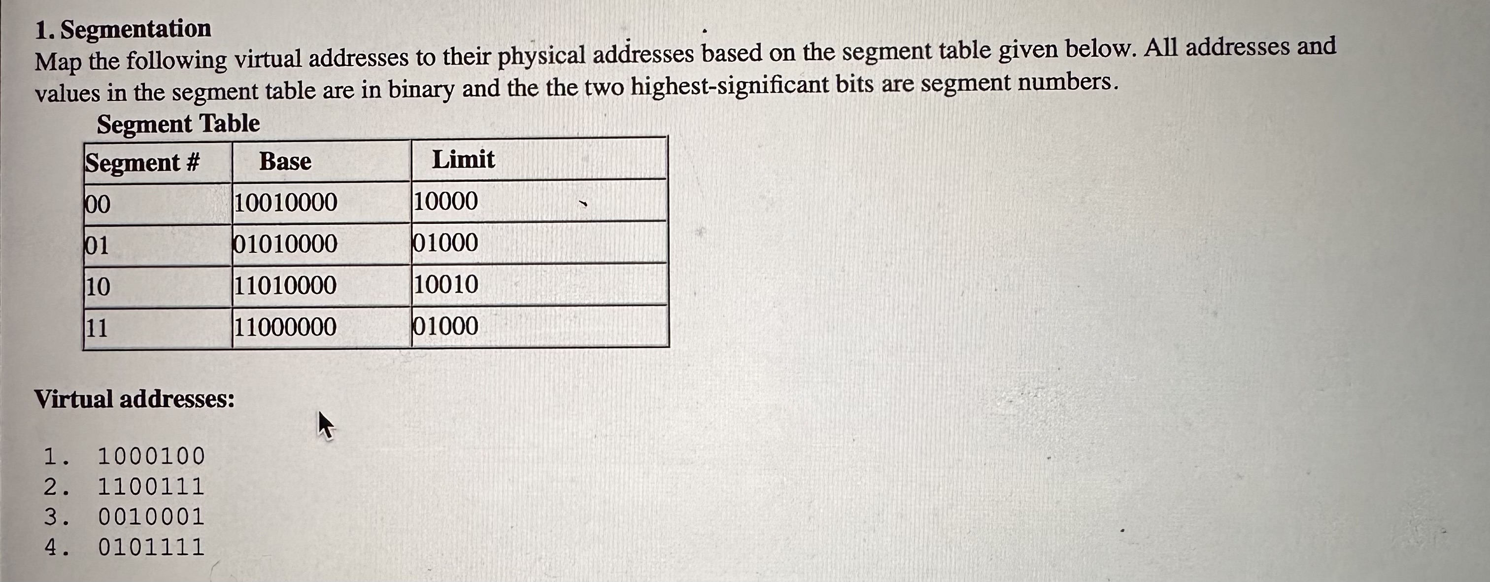 Solved 1. Segmentation Map the following virtual addresses | Chegg.com