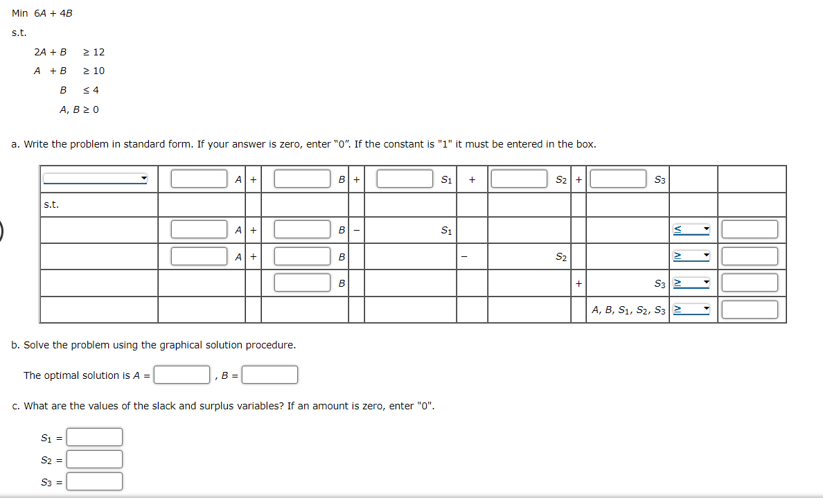 Solved Min6A+4B s.t. 2A+BA+BBA,B≥12≥10≤4≥0 a. Write the | Chegg.com