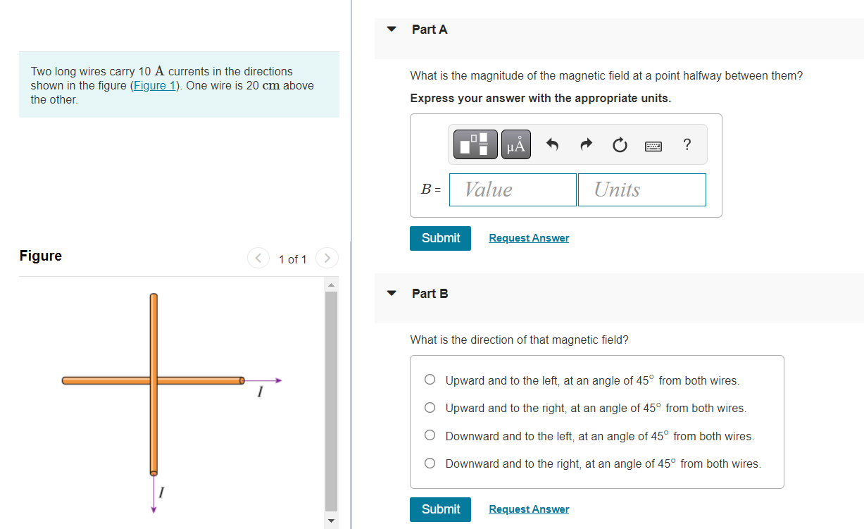 Solved Two long wires carry 10 A currents in the directions | Chegg.com