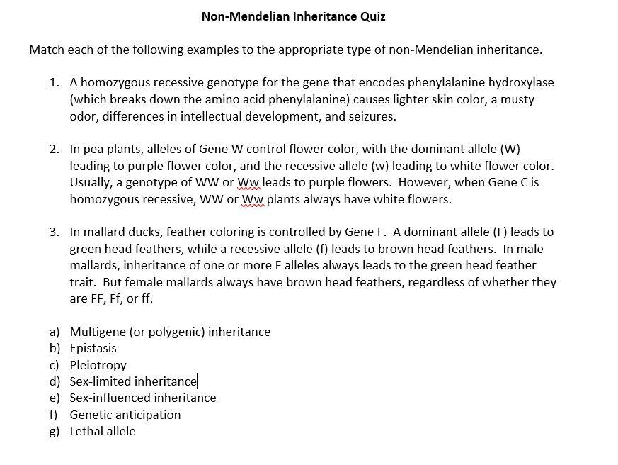 Solved Non-Mendelian Inheritance Quiz Match each of the | Chegg.com