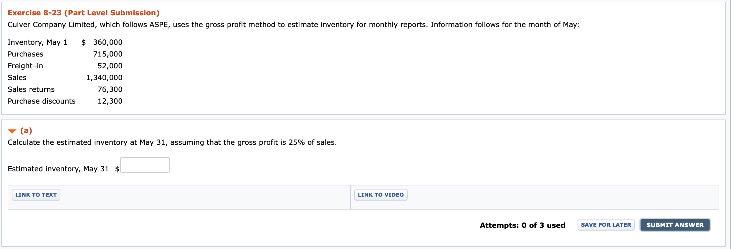 Solved Exercise 8-23 (Part Level Submission) Culver Company | Chegg.com