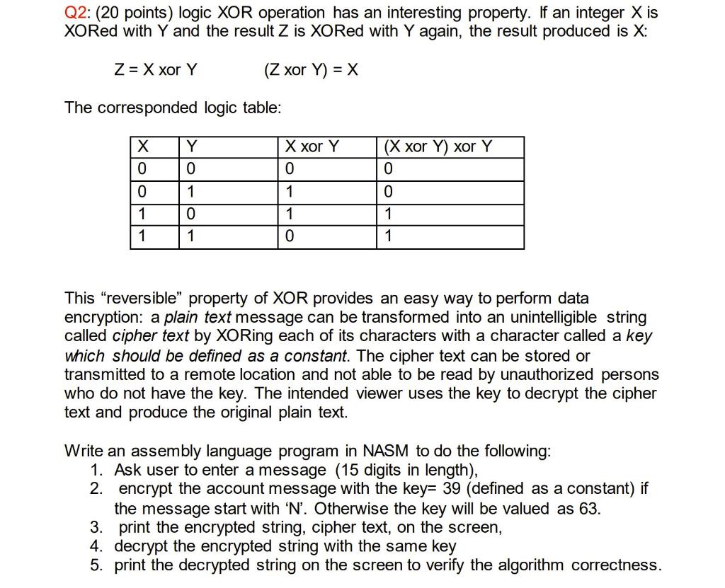 Q2: (20 points) logic XOR operation has an | Chegg.com
