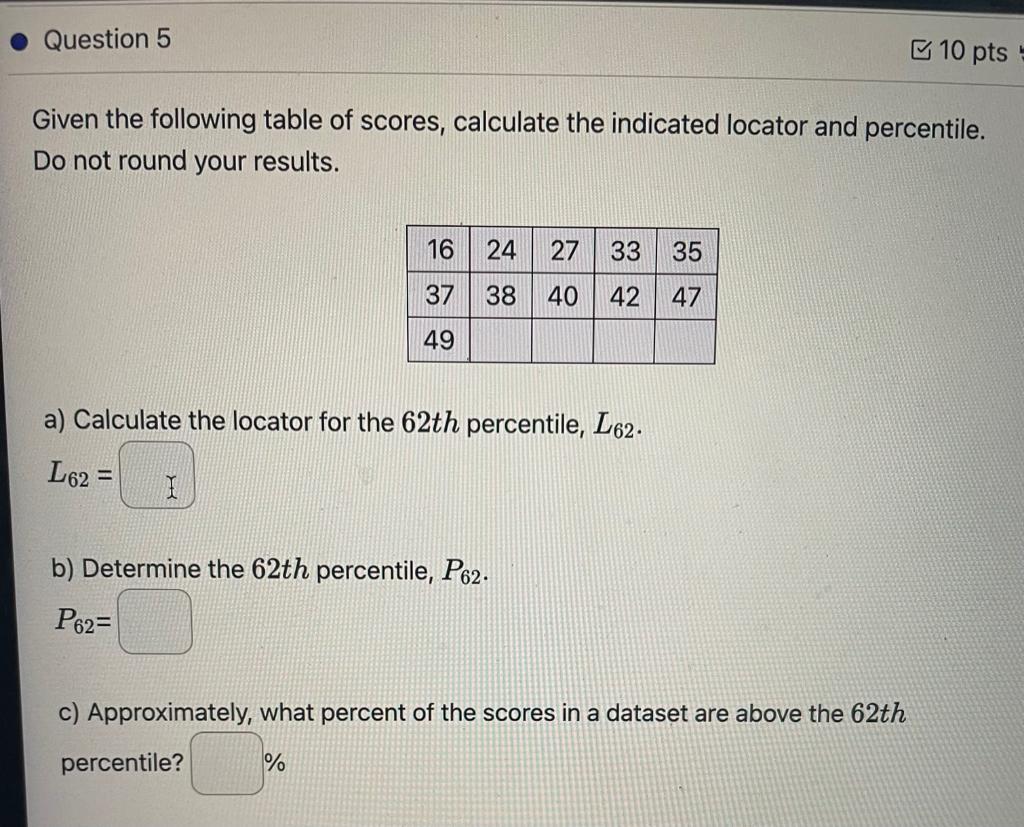 Solved Given the following table of scores, calculate the | Chegg.com