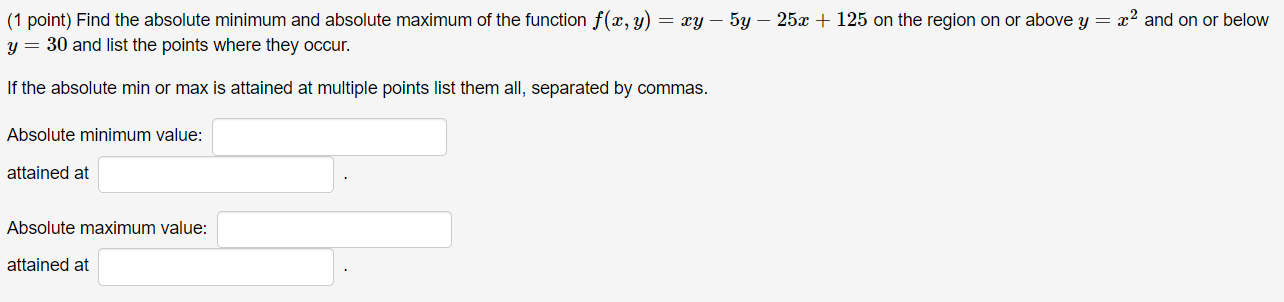 Solved (1 point) Find the absolute minimum and absolute | Chegg.com