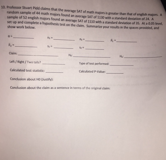 Solved Professor Stuart Pidd claims that the average SAT of | Chegg.com