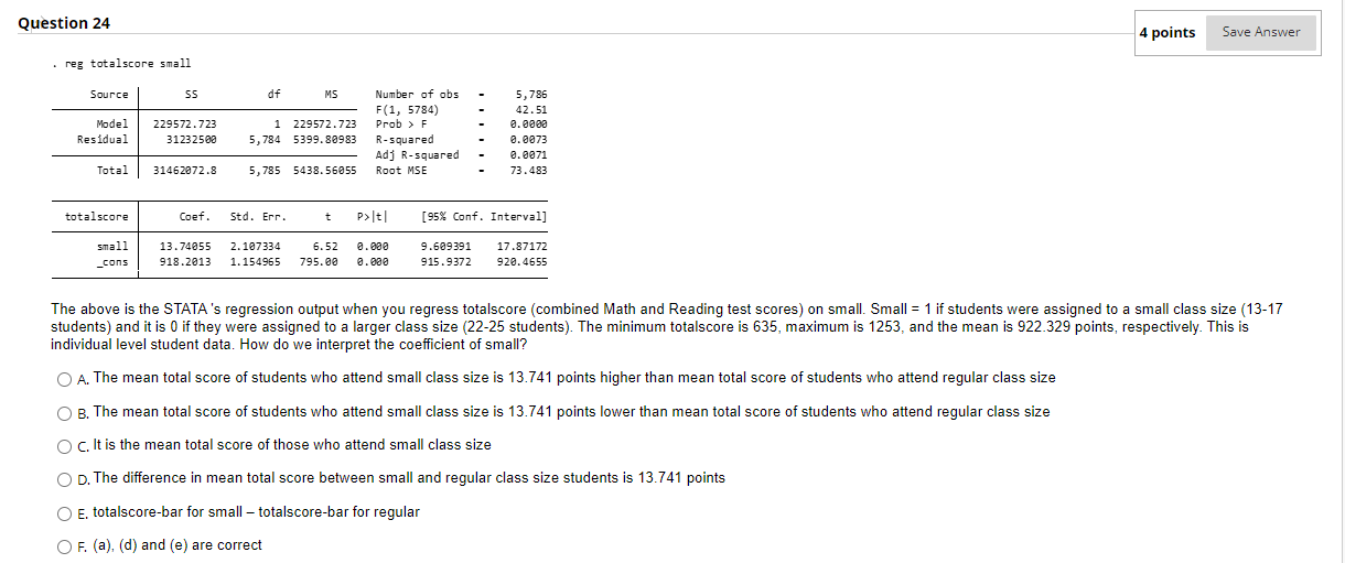 Solved • reg totalscore small Source SS df MS Model Residual | Chegg.com
