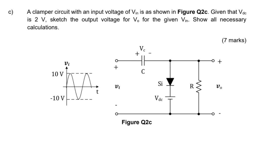 Solved c) A clamper circuit with an input voltage of Vin is | Chegg.com