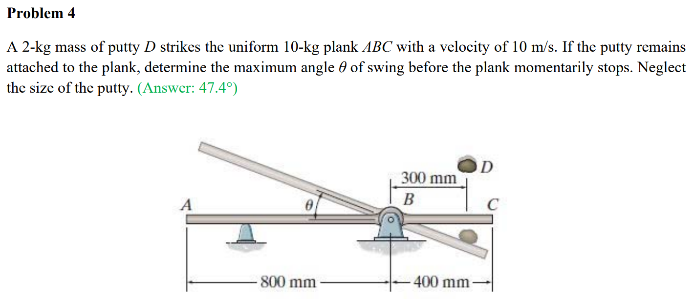 Solved Problem 4 A 2-kg mass of putty D strikes the uniform | Chegg.com