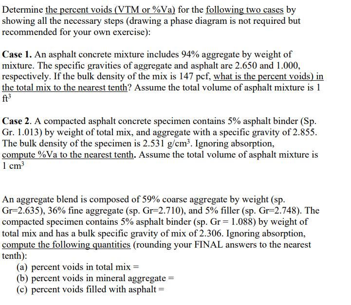 Solved Determine the percent voids (VTM or \%Va) for the | Chegg.com