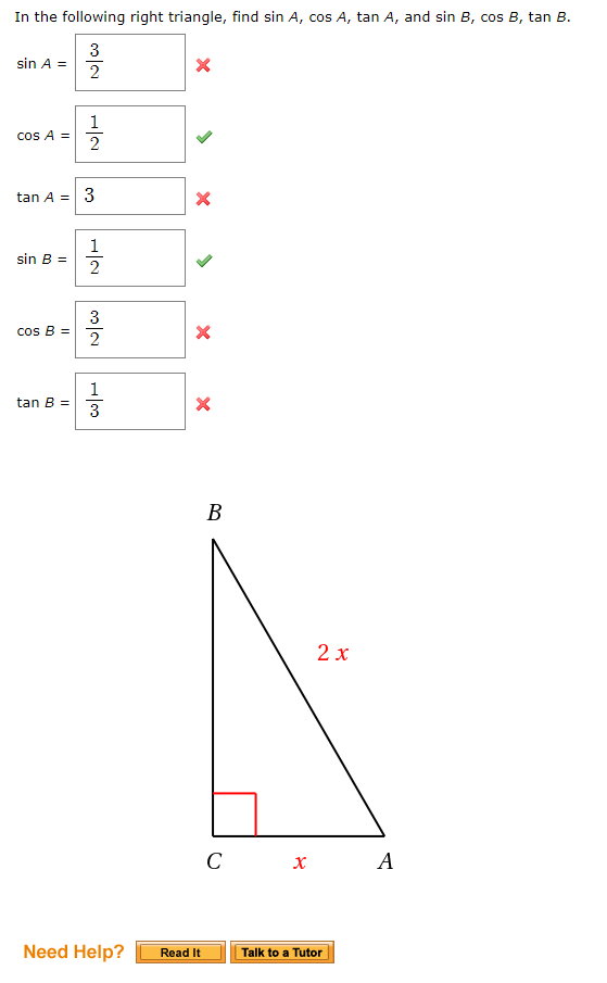 Solved In the following right triangle, find sin A, cos A, | Chegg.com