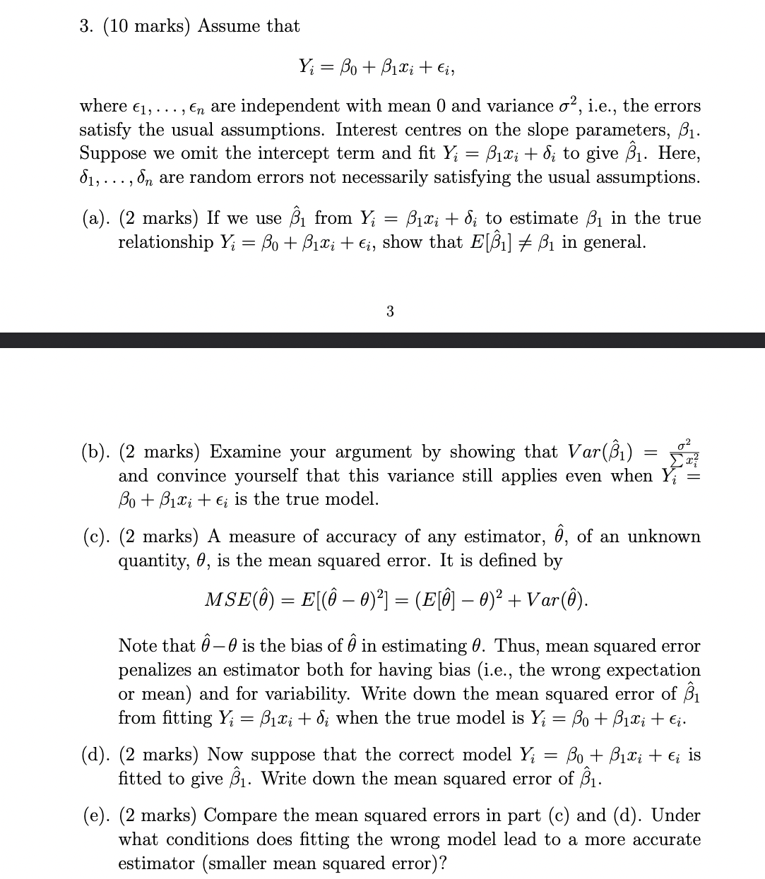 Solved 3. (10 marks) Assume that Yi=β0+β1xi+ϵi, where | Chegg.com