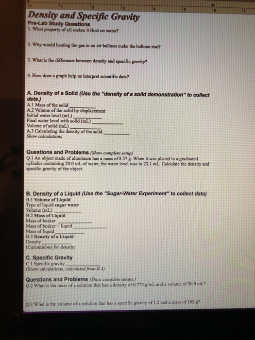 Solved Density and Specific Gravity Pre-Lab Study Questions | Chegg.com