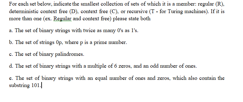 For each set below, indicate the smallest collection | Chegg.com