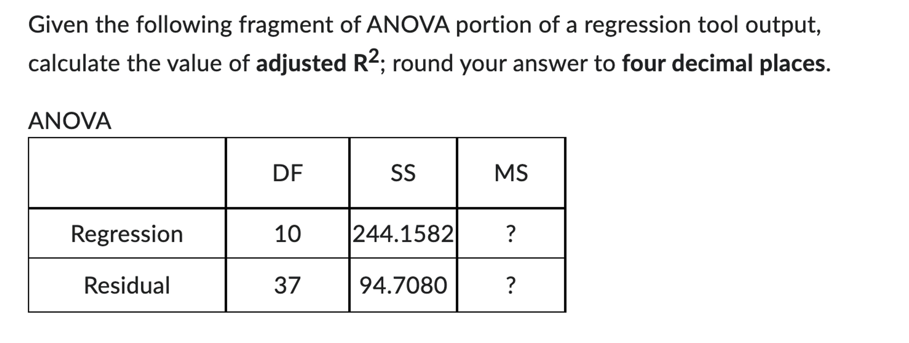 Solved Given the following fragment of ANOVA portion of a | Chegg.com