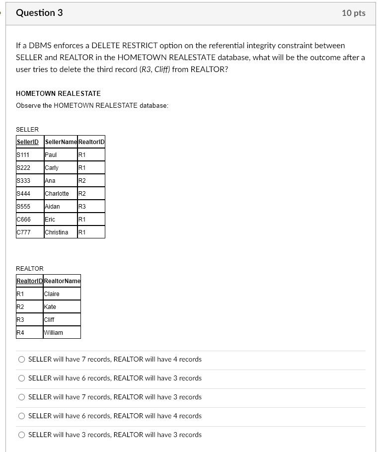 Solved Question 3 10 Pts If A Dbms Enforces A Delete 0341