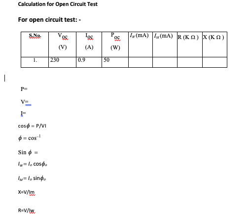 Solved Calculation for Open Circuit Test For open circuit | Chegg.com