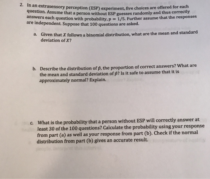 Solved In an extrasensory perception (ESP) experiment, five | Chegg.com