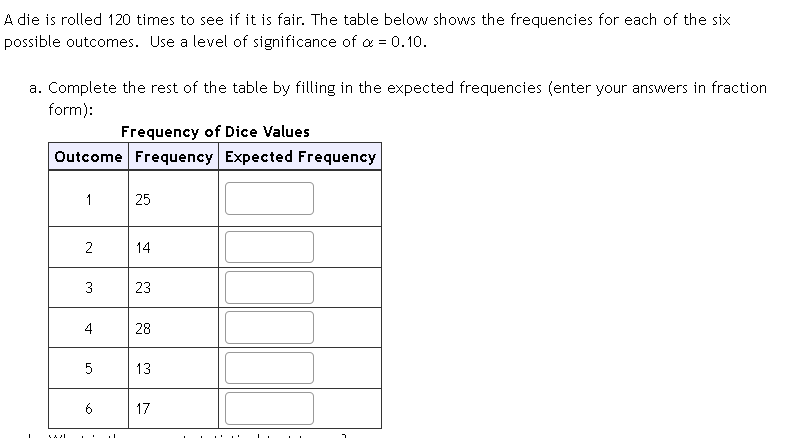 Solved A die is rolled 120 times to see if it is fair. The | Chegg.com