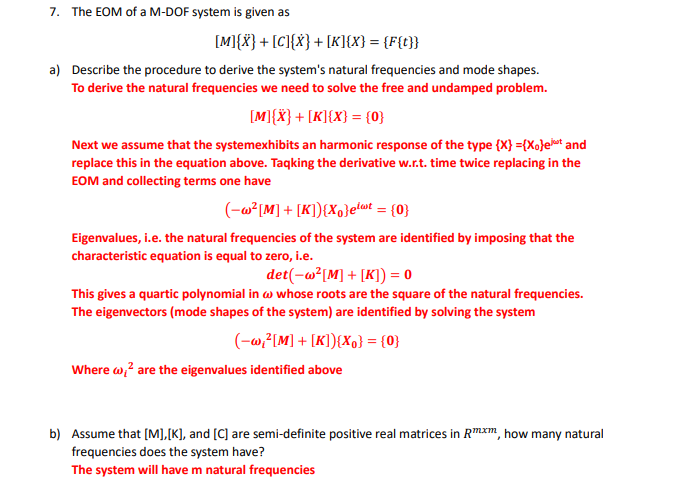 Solved 7. The EOM of a M-DOF system is given as | Chegg.com