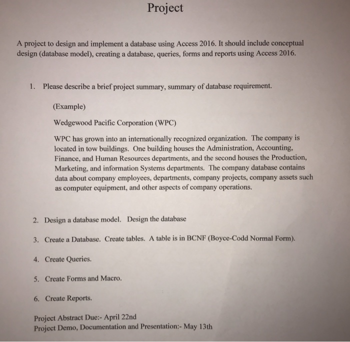 Project A project to design and implement a database | Chegg.com