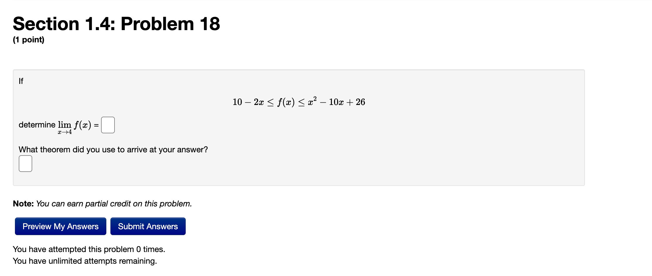 Solved 10−2x≤f(x)≤x2−10x+26 determine limx→4f(x)= What | Chegg.com