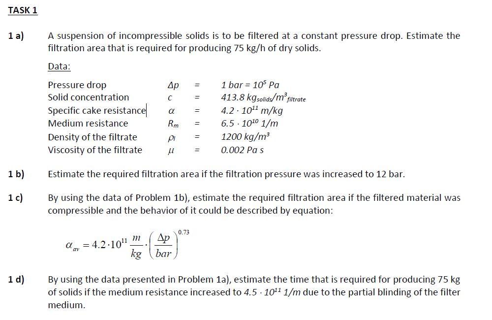 Solved TASK 1 1 a) A suspension of incompressible solids is | Chegg.com