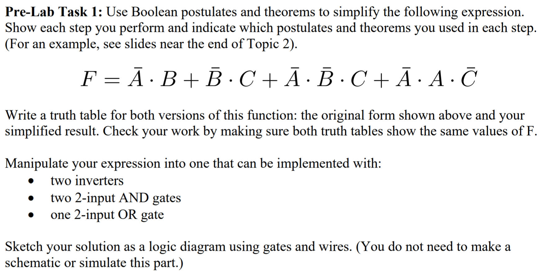 Solved Pre Lab Task 1 Use Boolean Postulates And Theorems