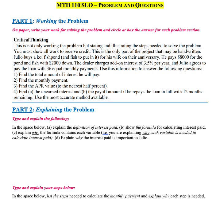 MTH 110 SLO - PROBLEM AND QUESTIONS PART 1: Working | Chegg.com