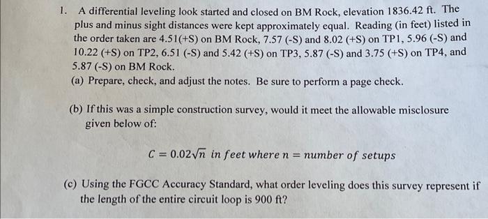 Solved 1. A differential leveling look started and closed on | Chegg.com