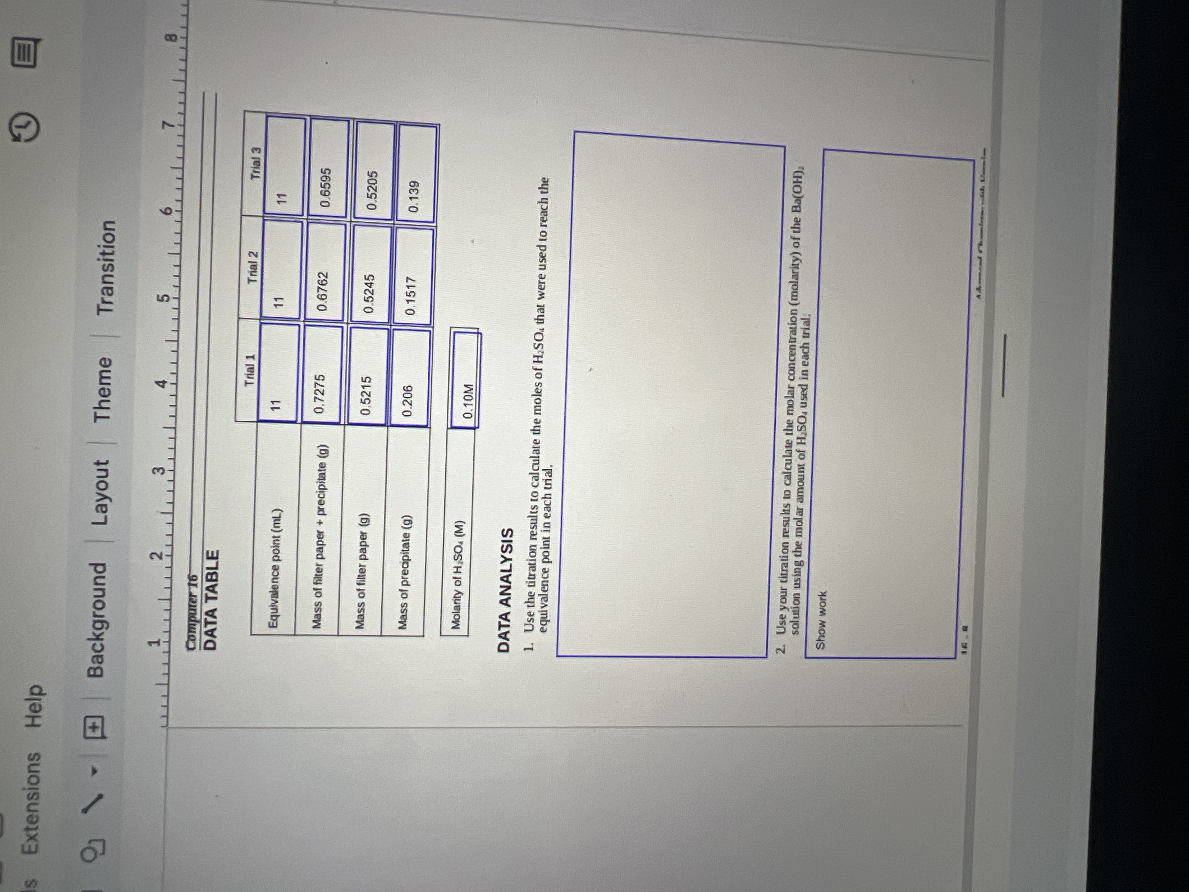 Solved DATA TABLE ﻿Molanity of H2SO4(M)DATA ANALYSISUse the | Chegg.com
