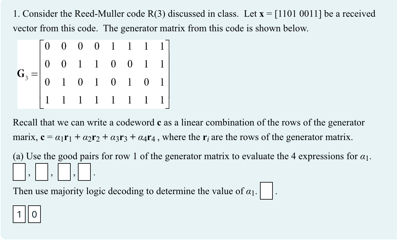 1. Consider the Reed-Muller code R(3) discussed in | Chegg.com