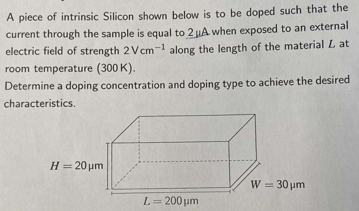 Solved A piece of intrinsic Silicon shown below is to be | Chegg.com
