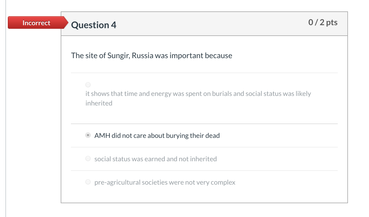 Solved Incorrect Question 4 0/2 pts The site of Sungir, | Chegg.com