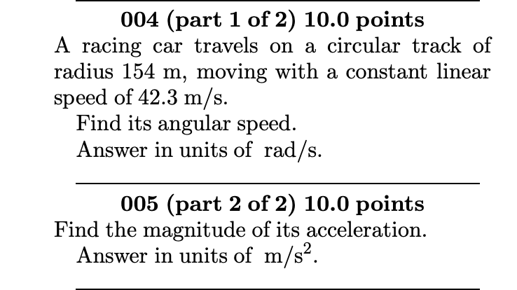 Solved 004 (part 1 of 2 ) 10.0 points A racing car travels | Chegg.com