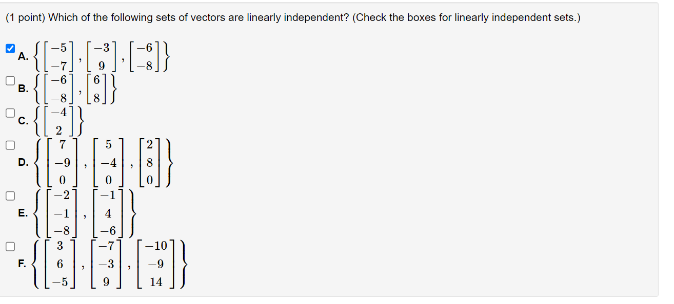Solved (1 point) Which of the following sets of vectors are | Chegg.com
