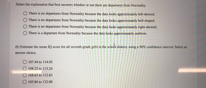 Solved The IQ test scores of 74 seventh-grade girls in a | Chegg.com